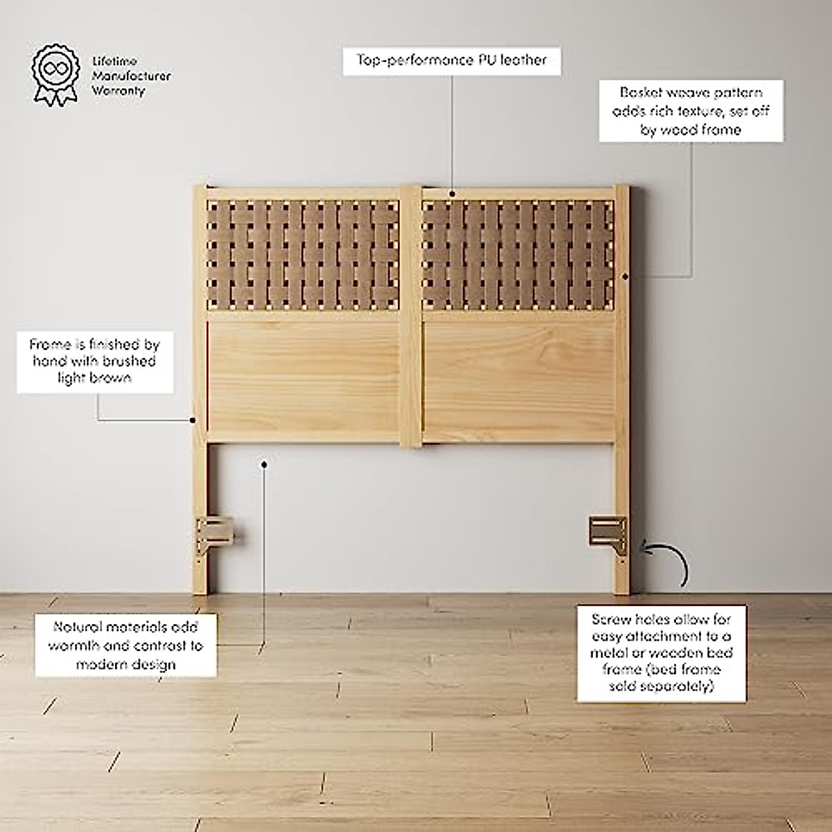 Nathan James Evelyn Scandinavian Brushed Finish and Faux Leather Weave Headboard, Queen, Natural Brown Wood