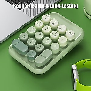 TISHLED Typewriter Style Number Keypad Wireless 2.4G/Bluetooth/USB-C Wired Rechargeable Numeric Pad Linear Membrane Switch 18-Key NKRO Retro Round Keycaps Portable for Multi-Device, Matcha Green