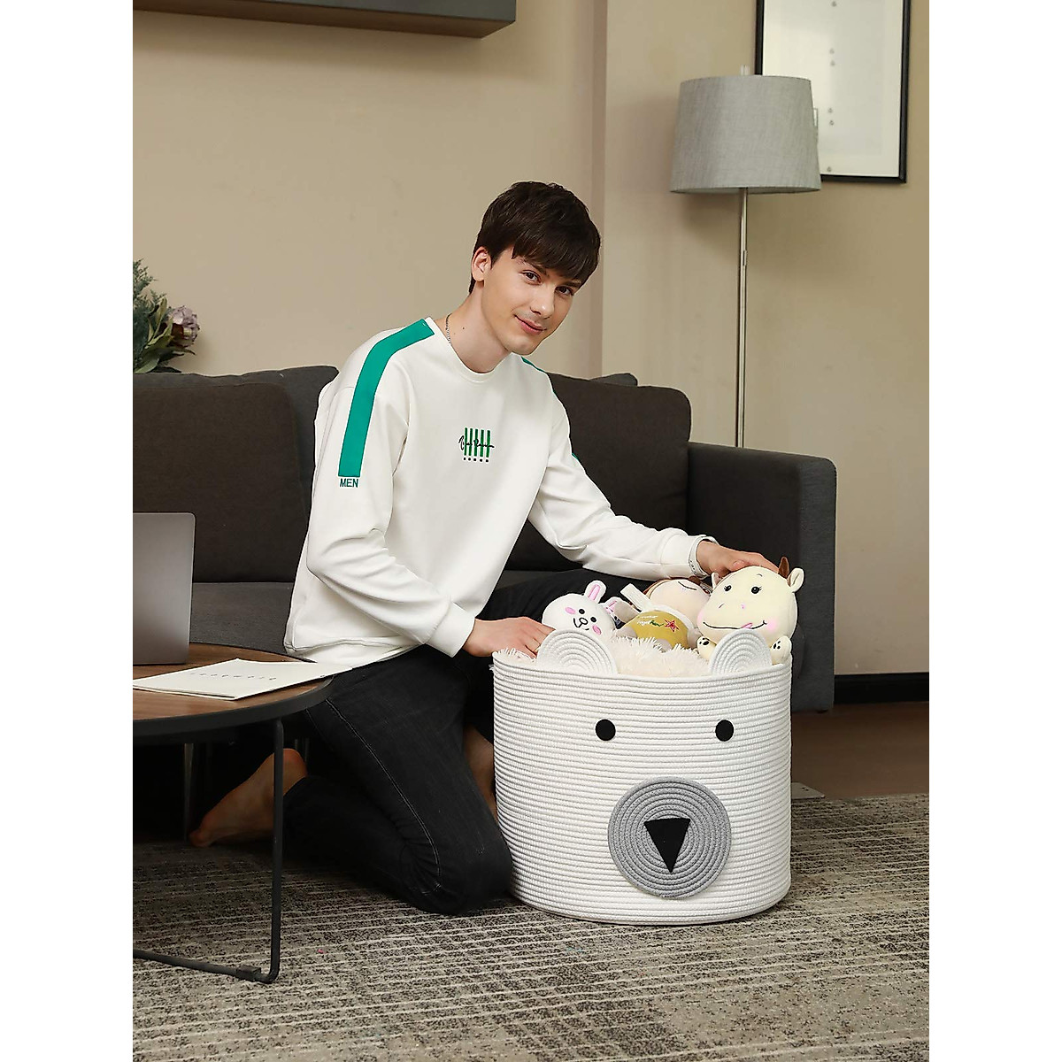 Bear Basket, Animal Basket, Large Cotton Rope Basket, Large Storage Basket, Woven Laundry Hamper, Cloth Storage Bin, for Clothes in Bedroom (White, 18"x15")