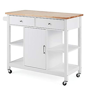KVK Rolling Kitchen Island Cart with Towel Rack, Large Drawers, Compartment Cabinets, Open Storage Shelves, Kitchen Cart with Rubber Wood Top, Pine Legs, Lockable Wheels, White (SJHM-013WH)