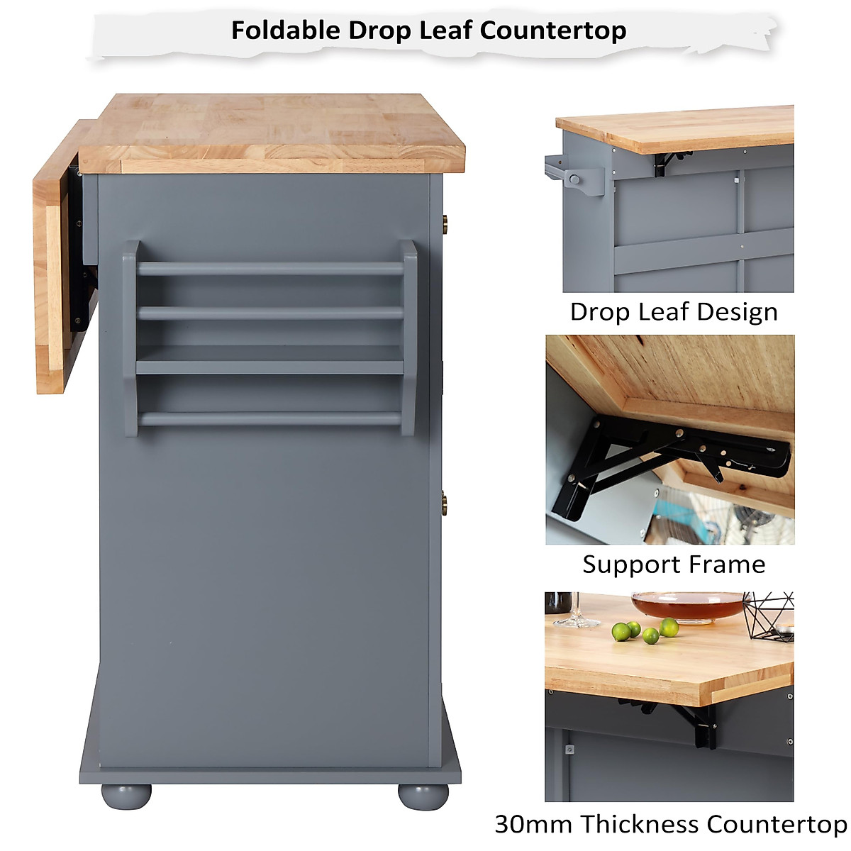 Finnhomy Rolling Kitchen Island With Drop Leaf, Thicken Rubberwood Top, Spice Rack, Towel Rack, Drawer, 43.3" Portable Mobile Kitchen Island Carts Table, Storage Cabinet, Both Wheels and Feet Included