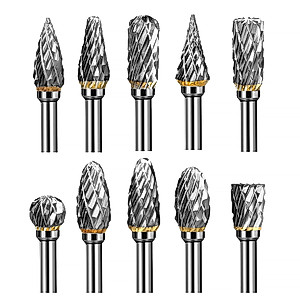 PlusRoc Double Cut Tungsten Carbide Rotary Burr Set, 10 Pcs 1/8" Shank 1/4" Head Carbide Burrs for Woodworking Deburring Sanding Shaping Engraving