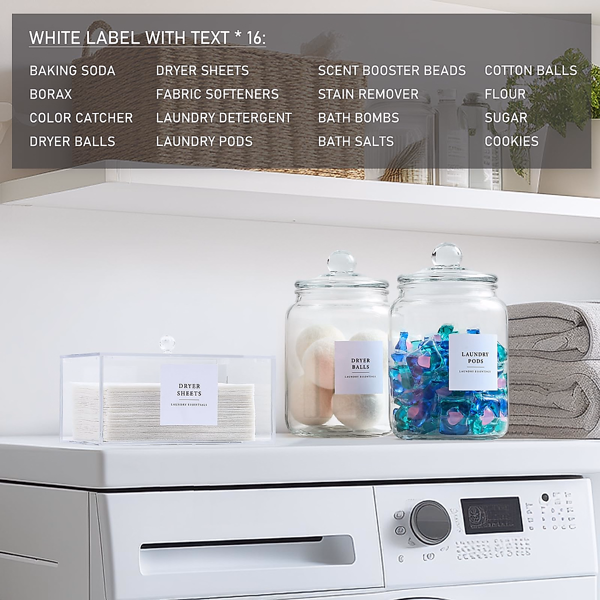 Glass Jars and Dryer Sheet Holder, Dispenser Set with Lids and Labels, Containers for Laundry Room Organization and Storage, Half Gallon Airtight Glass jars, Acrylic Storage Box for Laundry supplies,