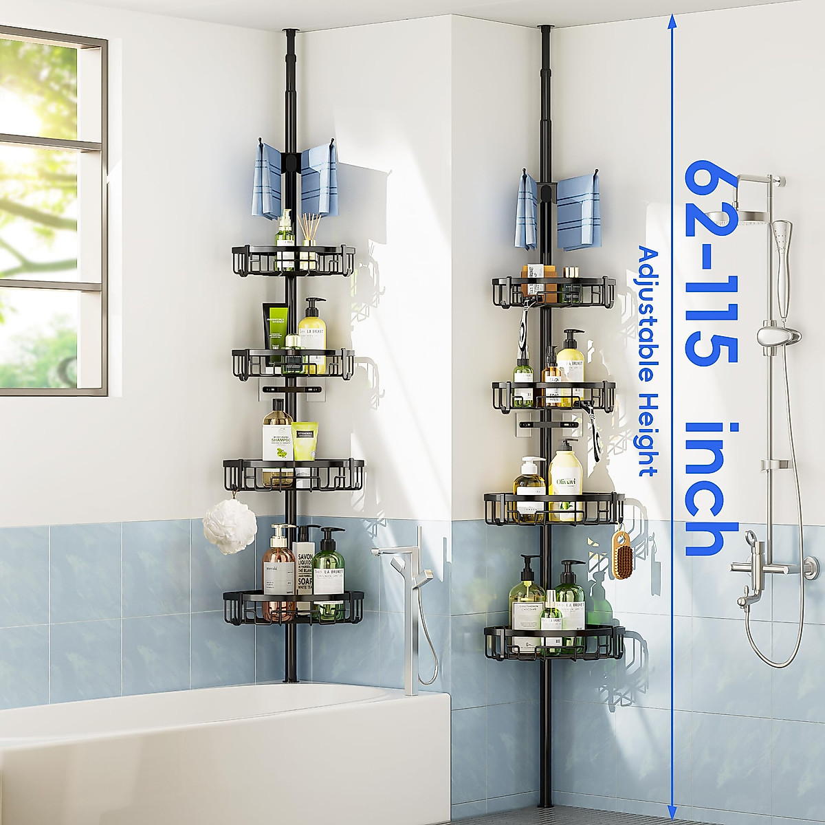 Coonoor Corner Shower Caddy Tension Pole - 62-115 INCH - 4-Tier Rustproof Bathroom Organizer Shelves, Adjustable Bathtub Tub Shampoo Storage