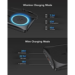 VRURC Magnetic Power Bank, 10000mAh Wireless Portable Charger iPhone, Max 22.5W Fast Charging, USB-C & USB Outputs,Magnetic Battery Charger for iPhone 14/13/12 Series, with Finger Holder - Black