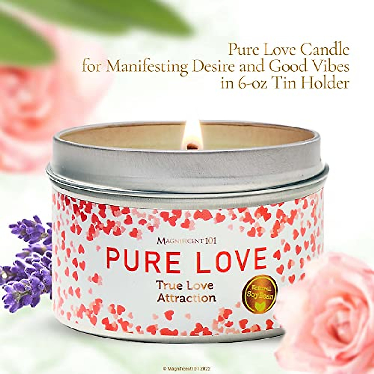 Pure Love Aromatherapy Candle for Love Attraction, Romance - Sage Rose Lavender Scented, Natural Soybean Wax Tin for Purification & Chakra Healing