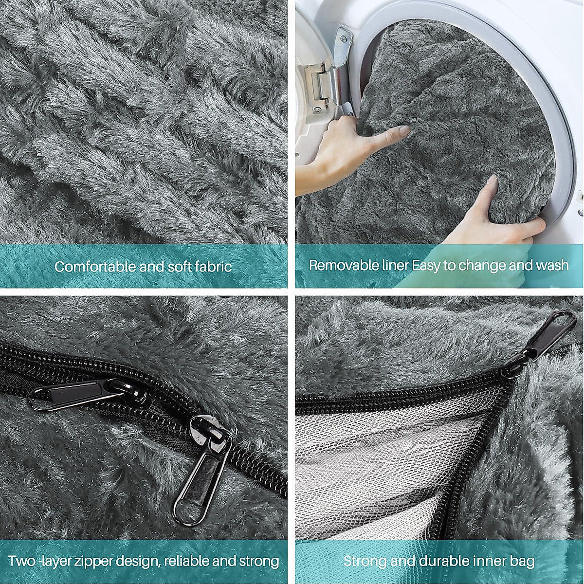 cjc Microsuede 6FT 7FT Foam Giant Bean Bag Cover Memory Living Room Chair Lazy Sofa Slipcovers(Light Grey, 6FT 150 * 75cm)