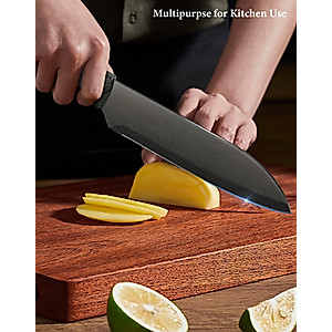 EUNA 7 Inch Chef Knife Ultra Sharp, Kitchen Knife with Sheath & Gift Box, Santoku Knife for Meat/Fruit/Veggie Cutting, Gray Zebra Texture, Non-sticking coating and PP Handle Gary-Black, L03