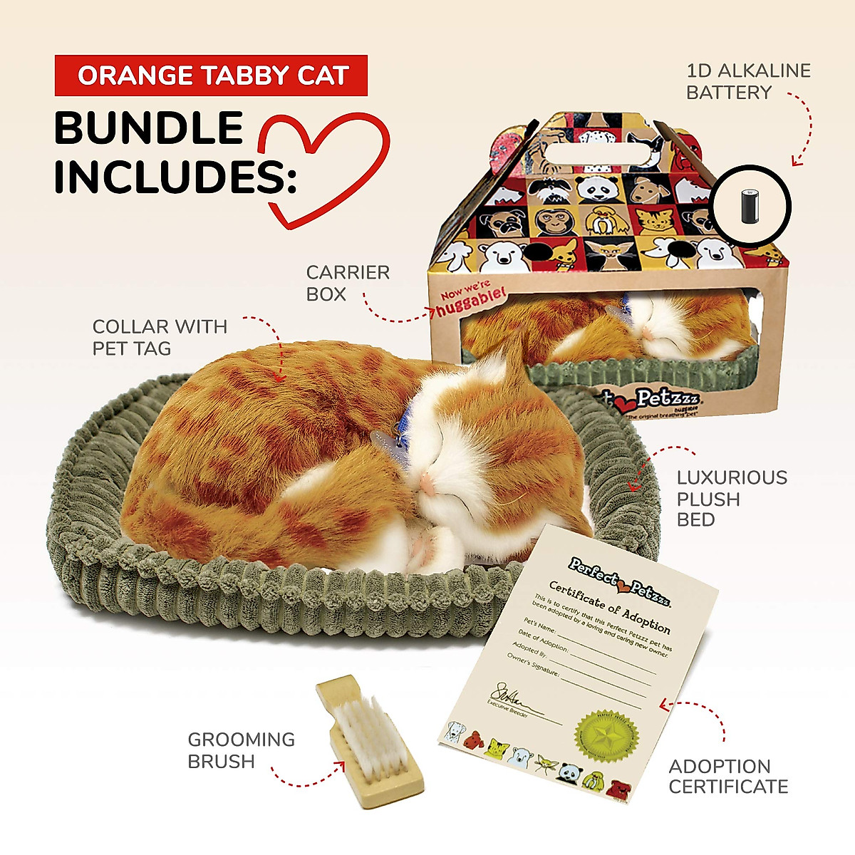 Perfect Petzzz - Original Petzzz Orange Tabby Cat, Realistic Lifelike Stuffed Interactive Pet Toy, Companion Pet with 100% Handcrafted Synthetic Fur