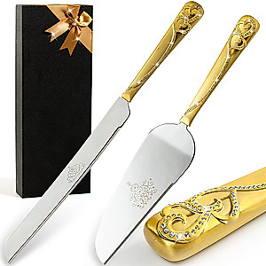 Sparking Love Hearts Cake Cutter and Pie Server Set, Stainless Steel Wedding Cake Knife and Server Set for Birthday, Anniversary, Engagement Or Christmas Gifts (Fashion gold)