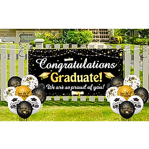 AKEROCK Graduation Decorations Class of 2025, Congratulations Graduate Banner for Graduation Party Decorations, Graduation Banner/Congrats Grad Banner, 32 Balloons & 10 Hanging Swirls Included - Black