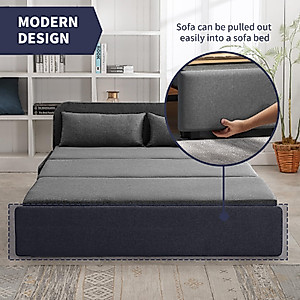 ZAFLY Queen Size Sofa Bed, Pull Out Convertible Sleeper with Cushions & Pillows, Linen Loveseat Couch, Folding Sofa for Compact Spaces in Living Room - Dark Grey