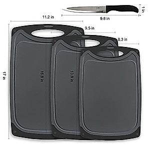 ZVP Extra Large Cutting Board for Kitchen Set of 4, Plastic Chopping Boards with Knife, Easy Grip Handle, Juice Groove, BPA Free, Dishwasher Safe, Non Slip, Non Porous, Gray Black