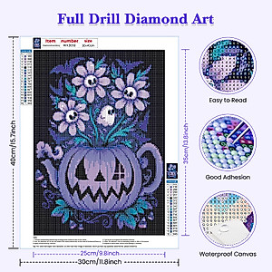 RICUVED Diamond Art, Halloween Pumpkin Diamond Art Kits for Adults Full Round Drill, DIY 5D Skeleton Flowers Diamond Dots Painting Arts and Crafts Gift Home Wall Decor 12x16Inch