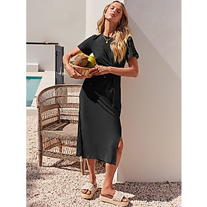 ANRABESS Women's 2025 Summer Maxi Tshirt Dress Short Sleeve Crewneck Tie Waist Casual Slim Fit Slit Spring Long Beach Dresses Black Medium