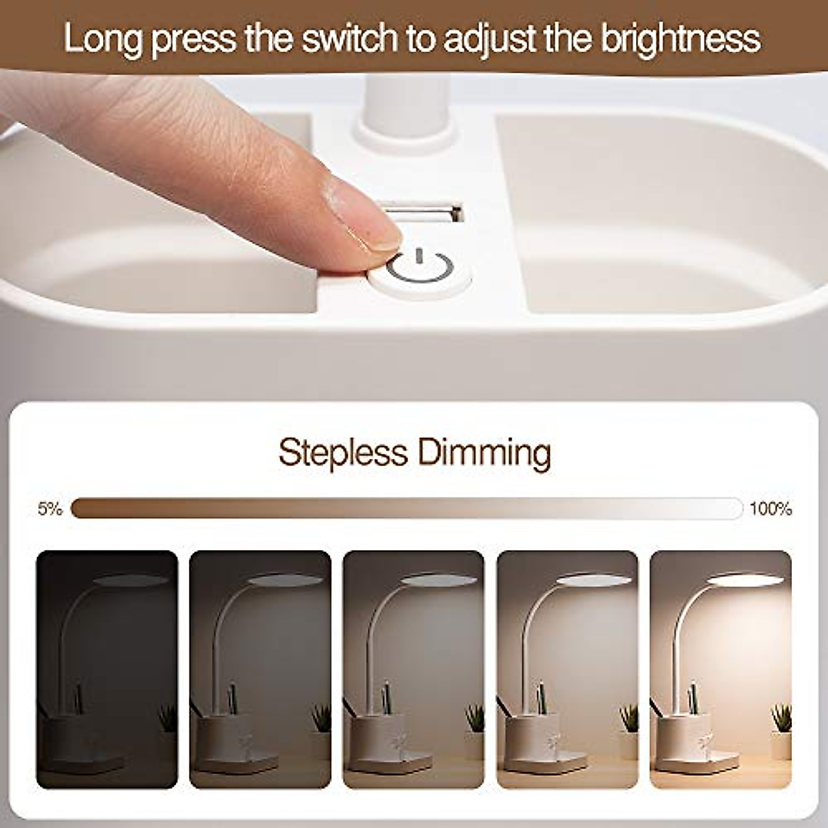 Desk Lamps for Home Office, 3 Light Colors Dimmable Desk Light Led Desk Lamp with Charger, Battery Operated Desk Lamp for Desk, Study Lamp with Pen & Phone Holder,White Led Desk Lamps for Home Office