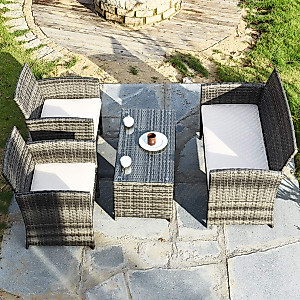 Toolsempire Outdoor Conversation Set, 4 Pieces Wicker Patio Furniture Set with Ergonomic Curved Design, Patio Chair Set with Water-Resistant Cushion & Tempered Glass Table for Backyard, Porch(Beige)