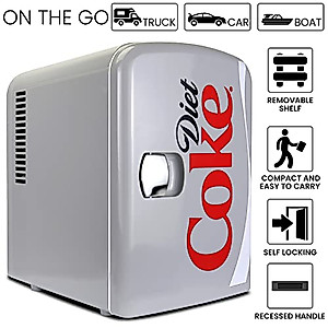 Coca-Cola Diet Coke DC04 4 Liter/4.2 Quarts 6 Can Portable Mini Cooler/Fridge, Beverages, Baby Food, Skincare and Medications-Use at Home, Office, Dorm, Car, RV or Boat-with AC & DC Plugs, Gray