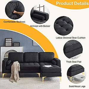 Karl home L-Shape Sectional Sofa Linen Fabric Sofa Couch Living Room Futon Couch with Reversible Chaise, Lattice Decored Seat Cushion, Black
