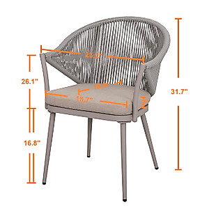NUU GARDEN Patio Dining Chairs Set of 1, Woven Rope Outdoor Dining Chairs, All-Weather Aluminum Arm Chairs with Cushions for Garden, Deck, Backyard, Balcony, Lawn, Indoor, Beige