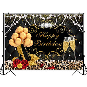 Mocsicka Gold High Heels Birthday Backdrop Pearl Leopard Red Rose Birthday Party Banner for Women Gold Glitter 21st 30th 40th 50th 60th Birthday Party Decoration (8x6ft(96x72 inch))