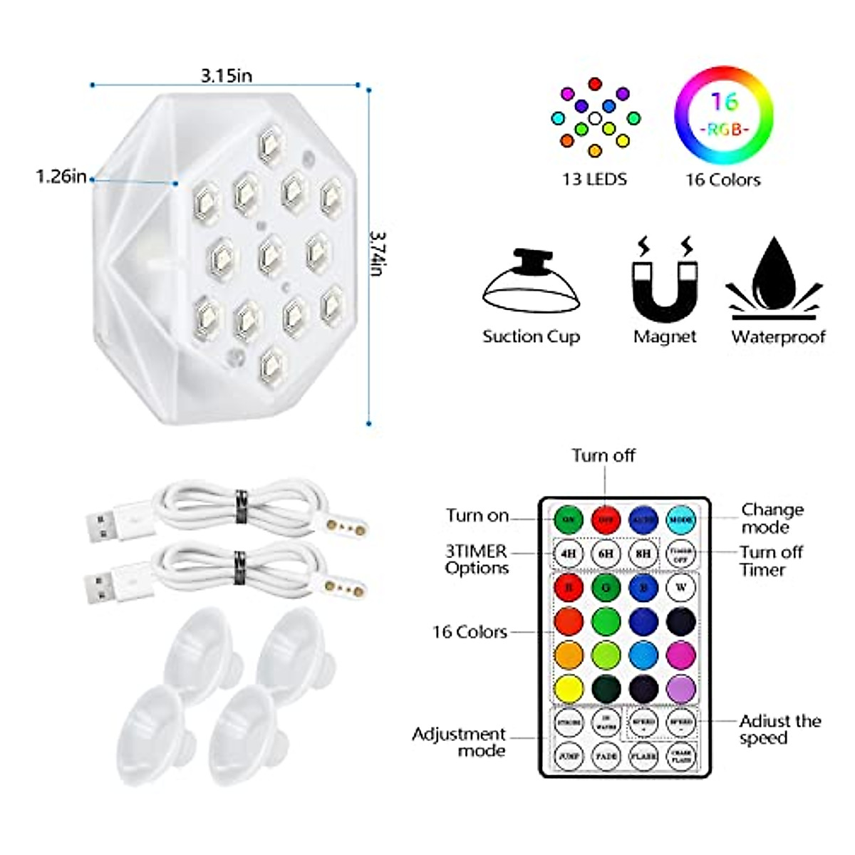 FTUREERA Pool Lights, Rechargeable Submersible Pool Lights with Remote, Silicone Suction Cup, 16 Color Changing, 4 Colour Modes RGB LED Lights for Bathtub, Shower,Hot Tub, Spa, Party (2 Pack)