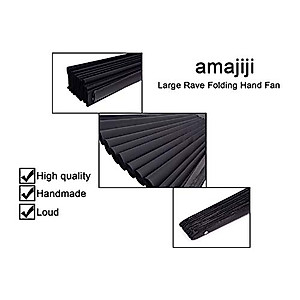 Amajiji Large Folding Hand Rave Fan for Women/Men, Chinease/Japanese Bamboo and Nylon-Cloth Folding Hand Fan for Performance, Festival, Events, Gift, Craft, Dance, Decorations (Black)