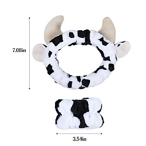 Miroksh Plush Wash Face Headband Cow Print Spa Wrist Band Cuffs Hair Scrunchy Women Girls Facial Makeup Skincare Bath Head Wrap Kids Costume Party Supply Birthday Gift