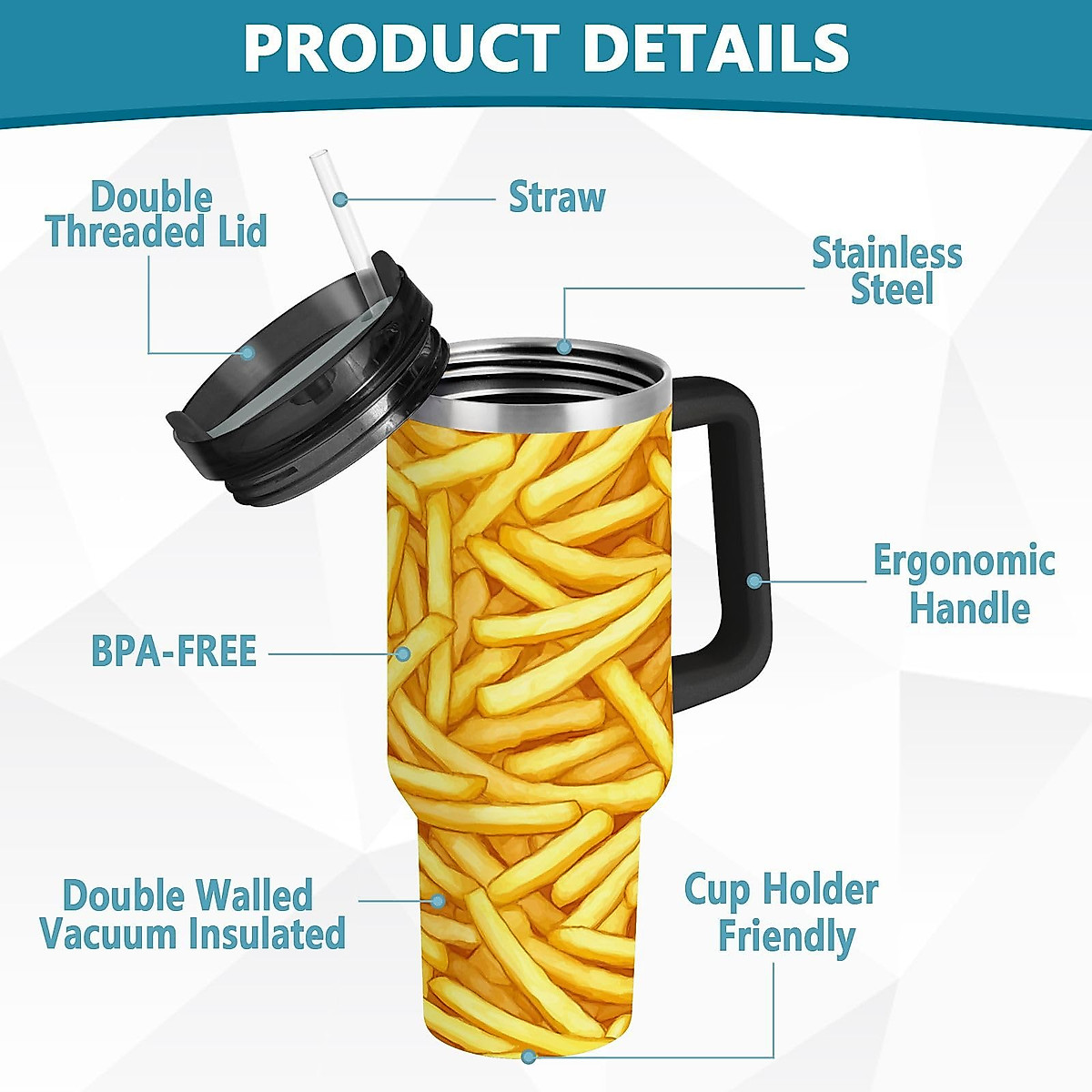 Selerdon 40 oz Tumbler French Fries with Handle and Straw Lid Vacuum Stainless Steel Insulated Water Bottle Travel Mug Car Cup Holder Friendly BPA Free for Gym Travel Office