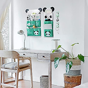 pandaonly 2 Wall Hanging Storage Bag,Linen Cotton Fabric Waterproof Pocket Organizer Bag with 6 Hooks,Over the Door/Wall for Bedroom Bathroom Closet Home Organizer