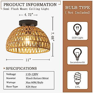 SYTPPLAN Rattan Light Fixtures Ceiling Light, Handmade Woven Cage Boho Light Fixture 11" Semi Flush Mount Light Fixture Coastal Ceiling Light for Hallway Kitchen Entryway Farmhouse Living Room