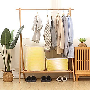 Sea Team Collapsible Canvas Fabric Storage Basket with Handles, Rectangle Waterproof Storage Bin, Box, Cube, Foldable Shelf Basket, Closet Organizer, 16.5 x 11.8 x 9.8 Inches, Yellow Stripe