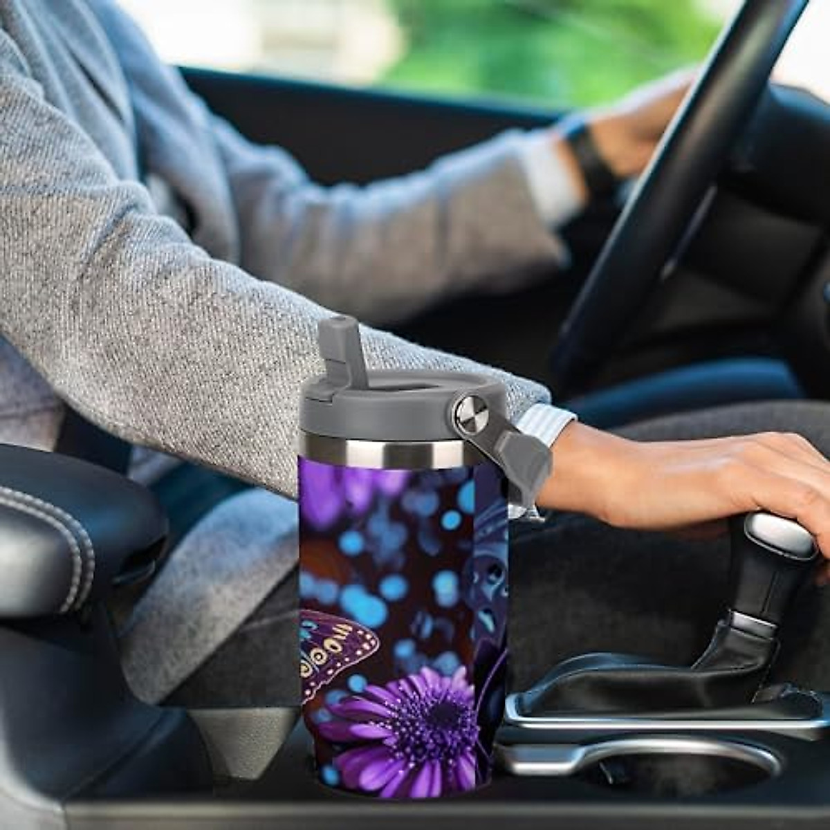 BWQJKUO Large Capacity Car Cup 30 Oz Stainless Steel Purple Butterfly And Flowers Printed Travel Mug Leak-proof Flip Straw Tumbler with Handle,keeps Cold Or Ho