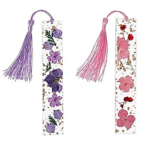 cobee Resin Dried Flower Bookmark, 2 Pieces Transparent Pressed Flower Bookmark Handmade Floral Page Marker with Tassel Cute Bookmark for Women Kids Book Lovers Gift