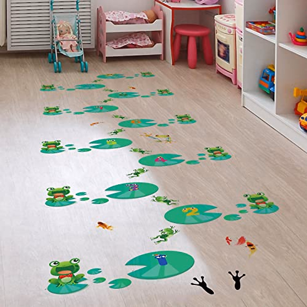 Frog Lotus Leaf Hopscotch Hopscotch Game Stickers Floor Decals, Unique Floor Art Decor Supplies for Baby Kids Room Bedroom Nursery
