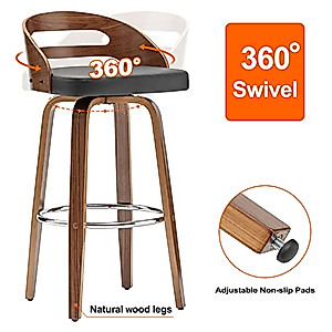 Bar Stools Set of 2, Swivel Bar Height Stools with Walnut Bentwood, Low Back, Upholstered Faux Leather, Soft Cushion Seat, Mid Century Bar Stools for Kitchen/Island/Counter (Black, 25" Seat Height)