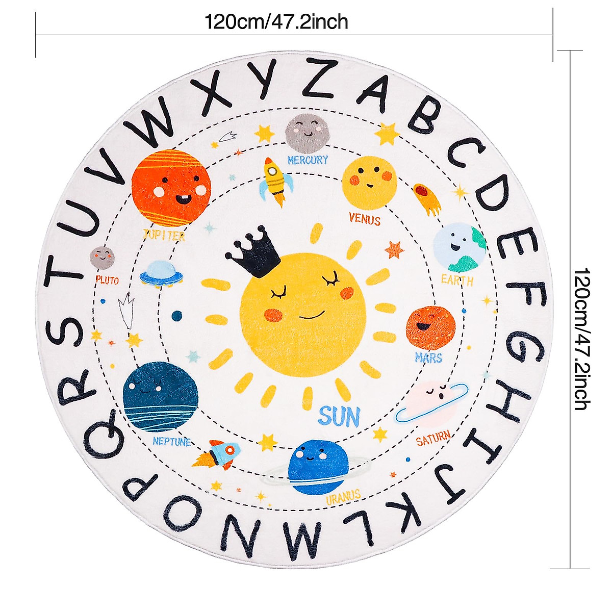 LTKOUGFAM ABC Kids Rug,4 ft Washable Nursery Rug,Soft Plush Educational Circle Rug,Non-Slip Solar System Alphabet Rug for Classroom playroom Bedroom Kids Room Decor