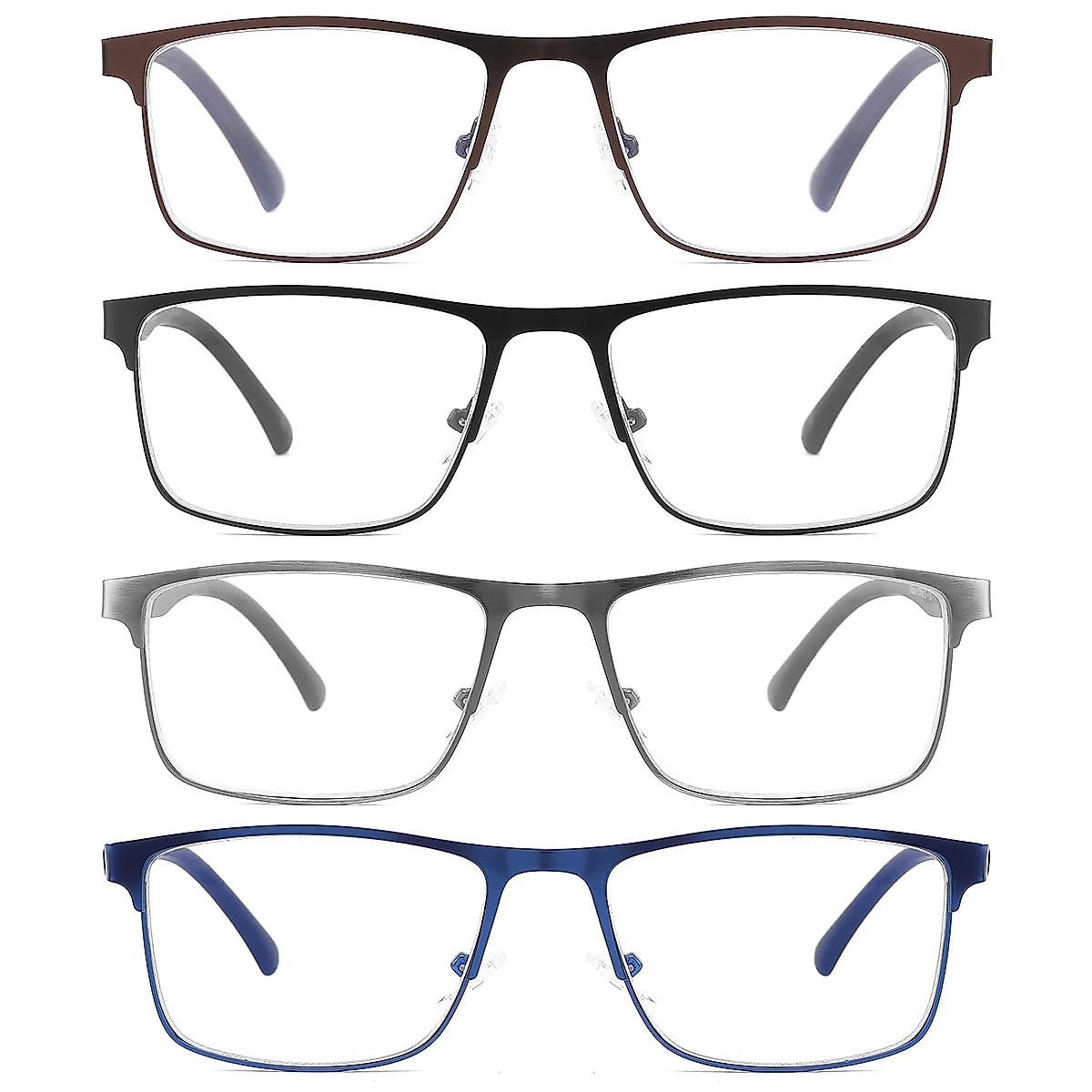 DILLY VISION 4-Pack Blue Light Blocking Reading Glasses for Men Stylish Metal Frame Readers with Comfort Spring Hinges Anti Glare UV Filter Eyeglasses, +2.5 STRENGTH