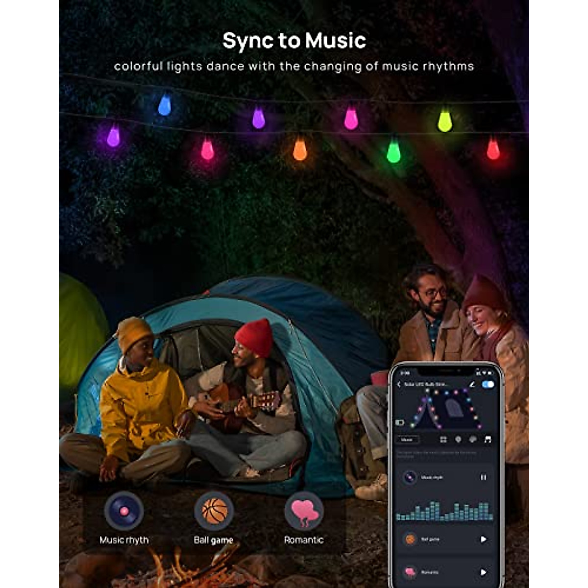 ASAHOM Solar Powered Outdoor String Lights Color Changing, 48ft Waterproof Solar RGB Patio Lights with 15 Dimmable Shatterproof Warm White LED Bulbs, 5000mAh Solar Panel Capacity for Garden Gazebo