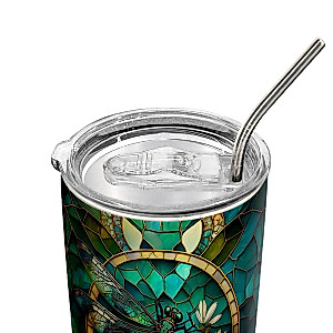 ORCAE 20oz Green Jade Stained Glass Dragonfly Tumbler, Gifts for Dragonfly Lovers, Coffee Thermos for Women, Stainless Steel Double Wall Vacuum Insulated Coffee Mug, Travel Cup with Lid - H