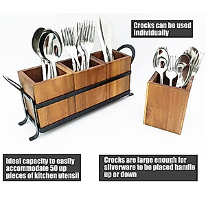 NelyBet Utensil Caddy Silverware Cutlery Holder with 3 Compartment , Wooden Utensil Crock Flatware Organizers with Metal Tray , Rustic Kitchen Utensil Organizers Storage Box usded for Farmhouse Kitchen Decor and Countertop