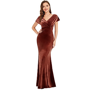 Ever-Pretty Women's Deep V-Neck Cap Sleeves Open Back Memaid Velvet Wedding Guest Dresses Maroon US4