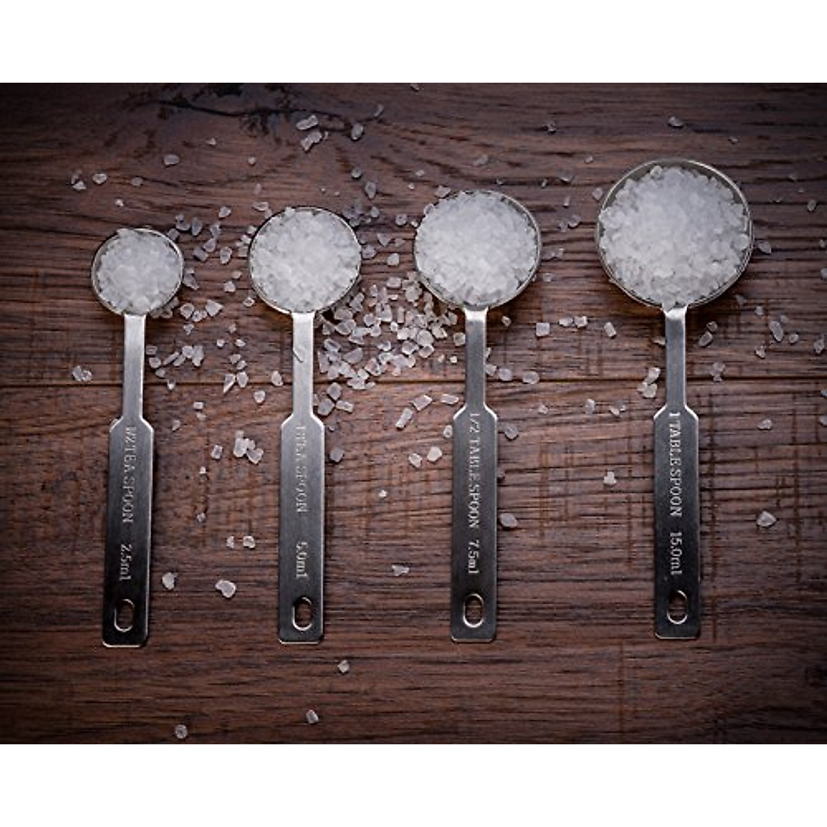 Stainless Steel Measuring Spoons - Set of 4 Premium Metal Spoons - Strong and Durable - Engraved with Metric and Imperial / US Sizes Including Tablespoon and Teaspoon - Ideal for Cooking and General Kitchen Use, for Measuring Liquid and Dry Ingredients