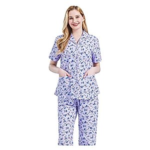 GLOBAL Women's 100% Cotton Pajama Sets | Two-Piece Soft Short-Sleeved and Long Pants PJs for Spring and Summer | Button Down Front Top and Drawstring Waist Bottom Nightwear