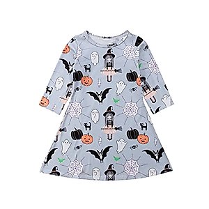 1-6T Toddler Kids Baby Girls Halloween Outfits Ghost Pumpkin Print Long Sleeve Dress Winter Clothes (Blue, 5-6 T)