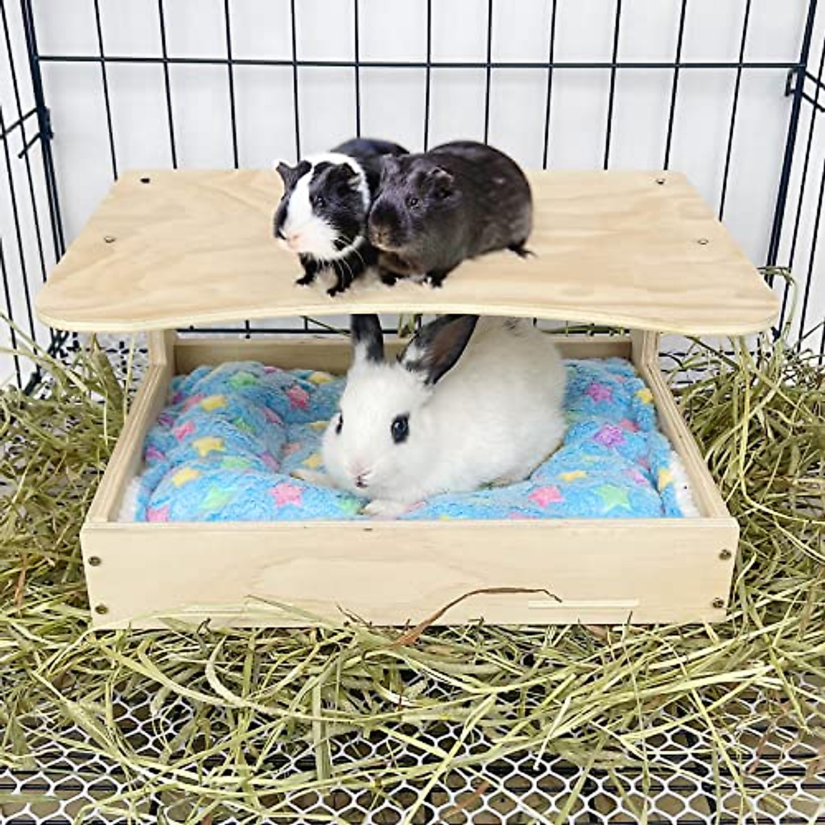 Guinea Pig Hideout-Natural Wooden Guinea Pig Bedding Guinea Pig Toys with Stairs and Mat,Detachable Guinea Pig Bed for Guinea Pig Cages Hamsters Bunny Chinchillas.