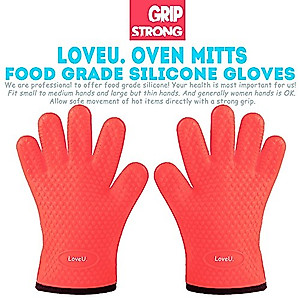 Loveuing Kitchen Oven Gloves - Silicone and Cotton Double-Layer Heat Resistant Oven Mitts/BBQ Gloves/Grill Gloves - Perfect for Baking and Grilling - 1 Pair (One Size Fits Most, Red)