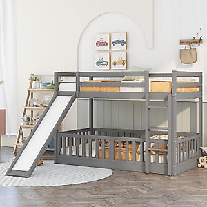 Harper & Bright Designs Twin Bunk Beds with Slide, Kids Wood Twin Over Twin Bunk Beds with Fence, Ladders, Safety Guard Rails for Kids, Toddlers, Teen, No Box Spring Needed (Grey)