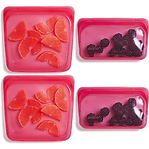 Stasher Silicone Reusable Storage Bag, 4-Pack Lunch/Travel (Raspberry) | Food Meal Prep Storage Container | Lunch, Travel, Makeup, Gym Bag | Freezer, Oven, Microwave, Dishwasher Safe, Leakproof