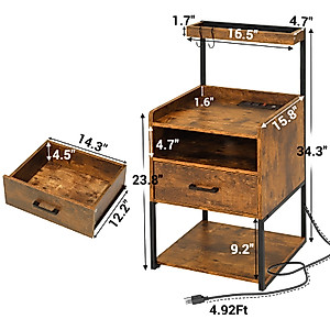 AOGLLATI Nightstand Set of 2 with Charging Station, Rustic Brown Night Stands for Bedroom Set of 2, Bedside Table with Storage Drawer and LED Light, End Side Table with USB Ports Easy Assembly